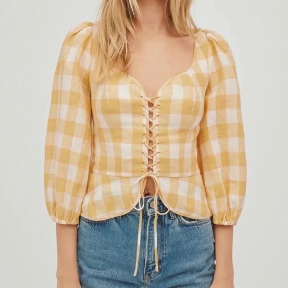 Reformation | Tops | Reformation Barrett Linen Top Dandelion Check ...